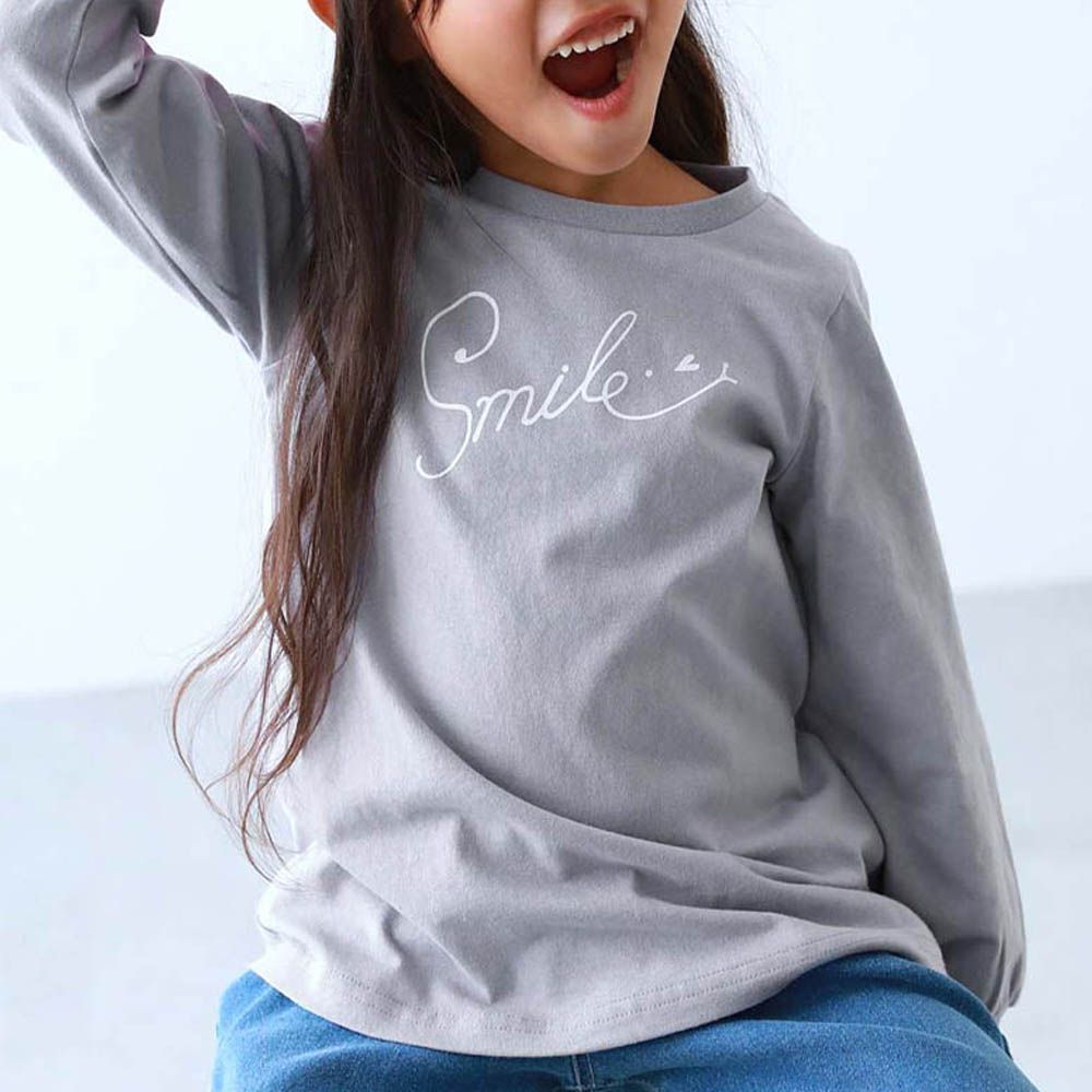 日本 devirock - 100%棉 女孩印花微長版上衣-Smile-淺灰紫｜媽咪愛