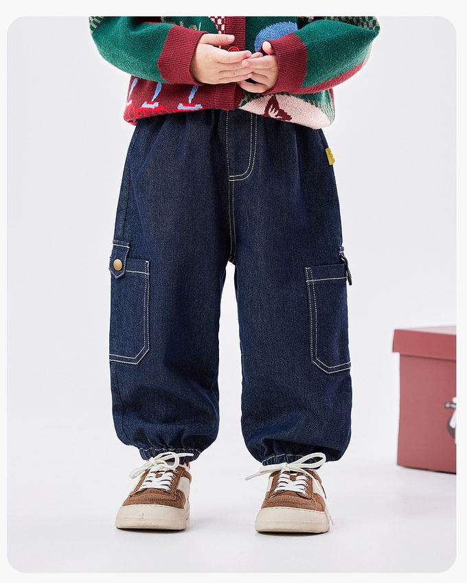 DUDUJIA - 腰鬆緊縮口牛仔長褲-側口袋拼接-藍色｜媽咪愛