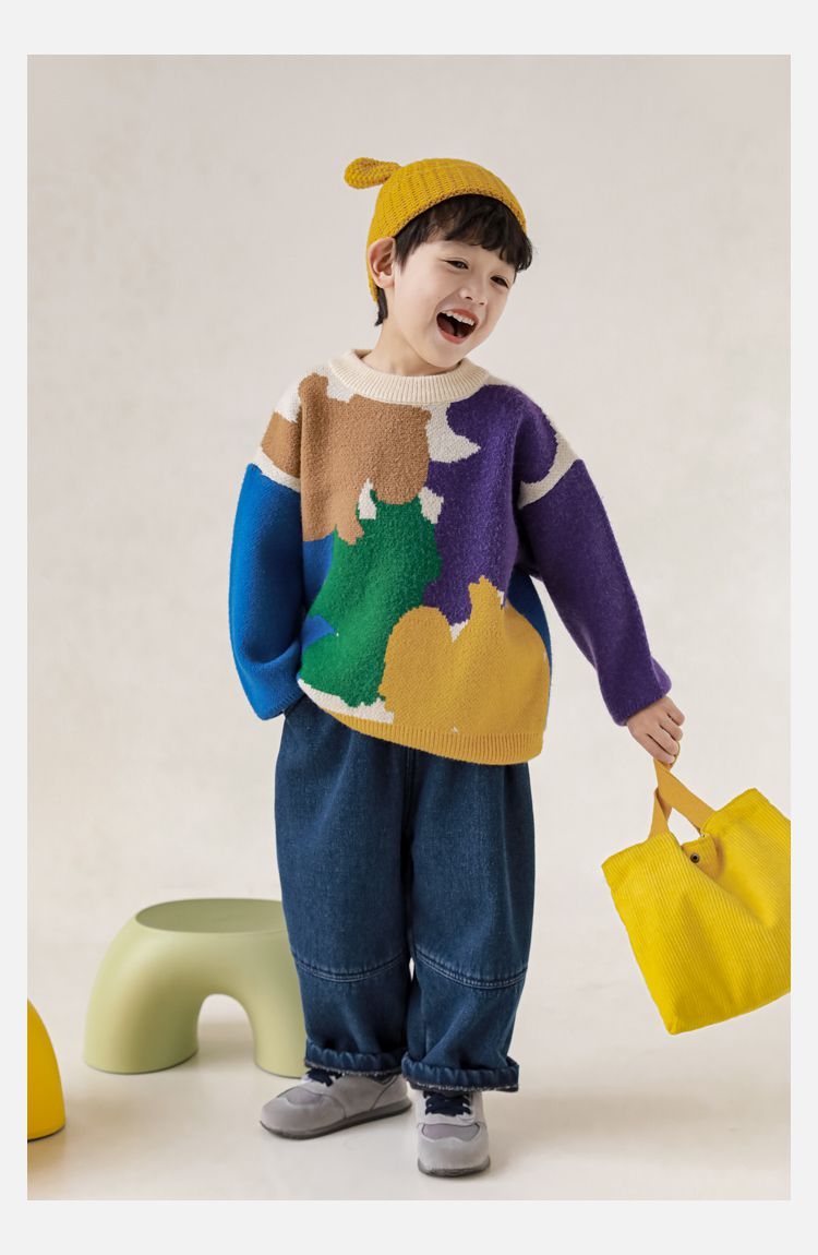 TONGMO - 落肩圓領拼色針織長袖毛衣-杏+藍+紫+黃｜媽咪愛