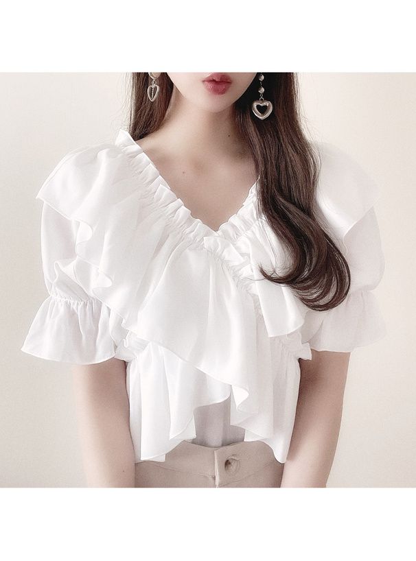 日本 GRL - 2WAY荷葉交叉短袖上衣-白 (F)｜媽咪愛