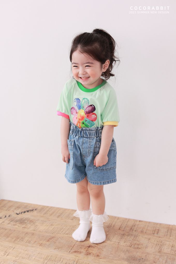 韓國 Coco rabbit - 彩虹花朵印短袖上衣-香檸綠｜媽咪愛