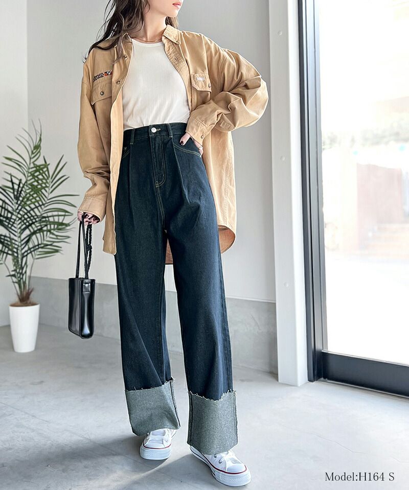 日本 Classical Elf - 美式復古反摺牛仔寬褲-刷舊黑｜媽咪愛