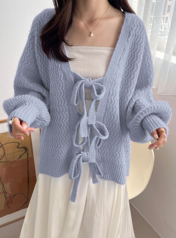 日本 GRL - 甜美綁帶開襟針織外套-淺灰 (F)｜媽咪愛
