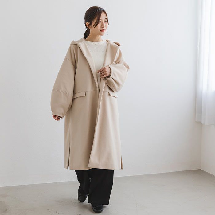 日本 ihuu - 甜美感氣球袖連帽長版大衣-焦糖棕｜媽咪愛