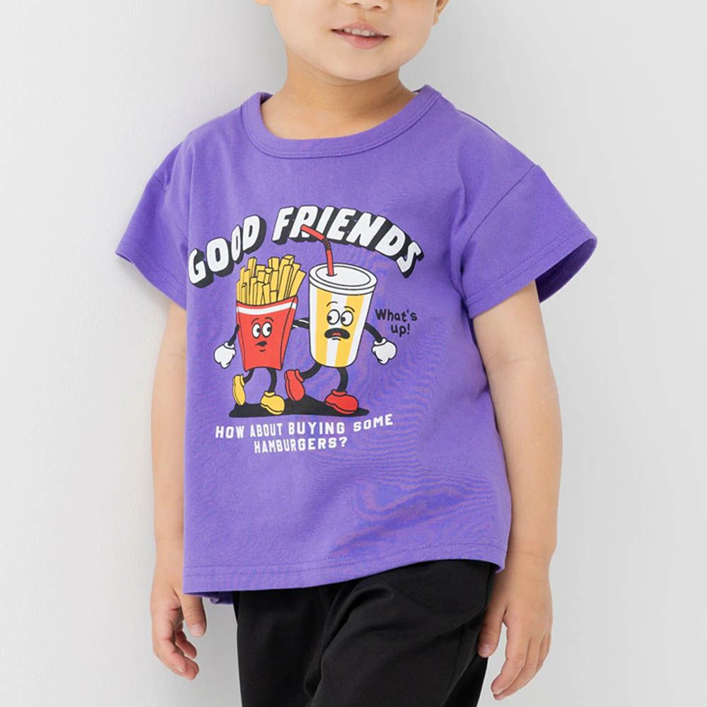 日本 Chil2 - 100%棉 定番印花短袖上衣-薯條好朋友-紫｜媽咪愛