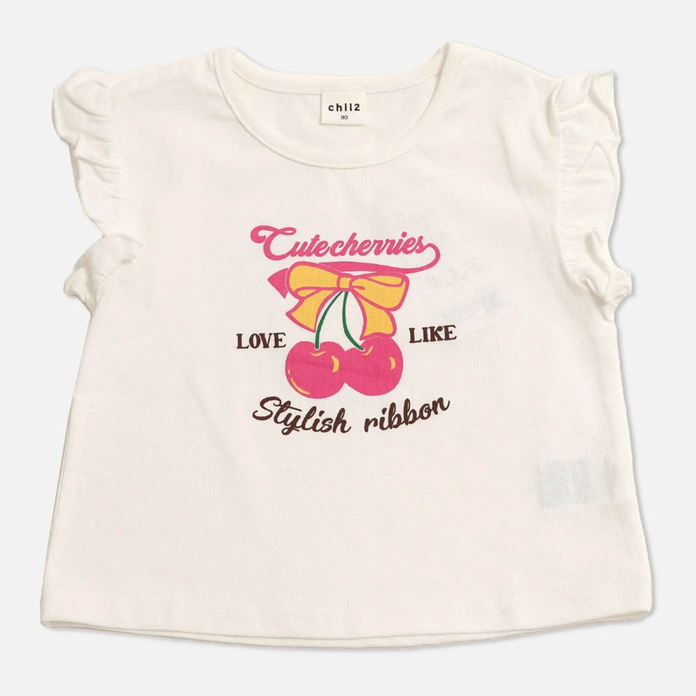 日本 Chil2 - 100%棉 荷葉邊女孩印花短袖上衣-櫻桃-白｜媽咪愛