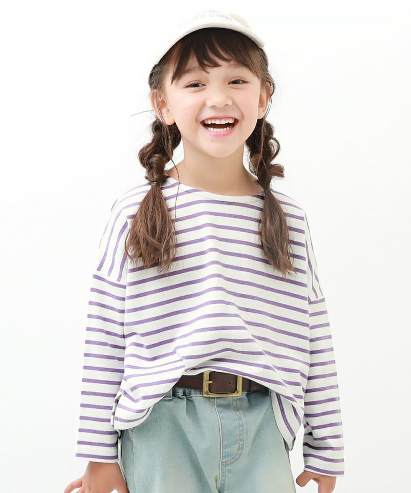 日本 devirock - 100%棉 圓領薄長袖上衣-條紋-深灰x白｜媽咪愛