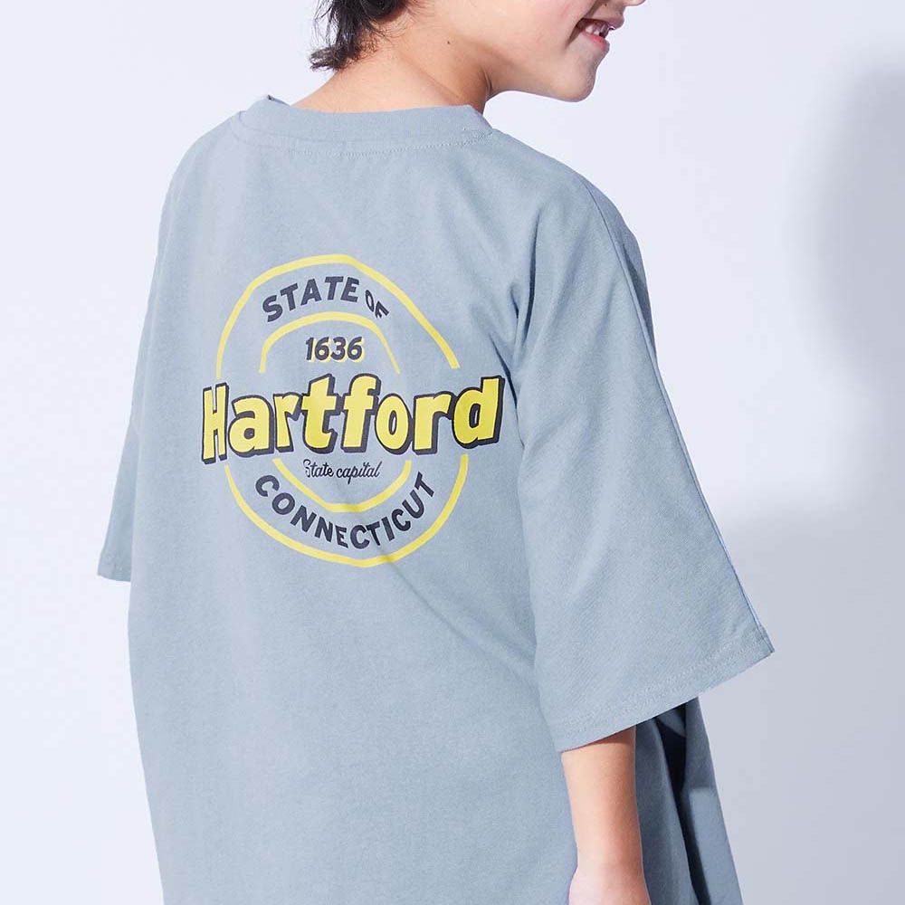 日本 devirock - 100%棉 定番廓型印花短袖上衣-背後圓形logo-灰藍｜媽咪愛