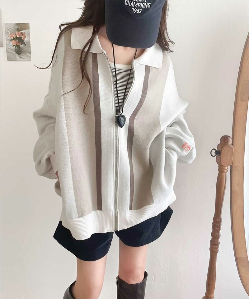 日本 Classical Elf - Java聯名 撞色條紋拉鍊針織薄外套-深藍x紅｜媽咪愛