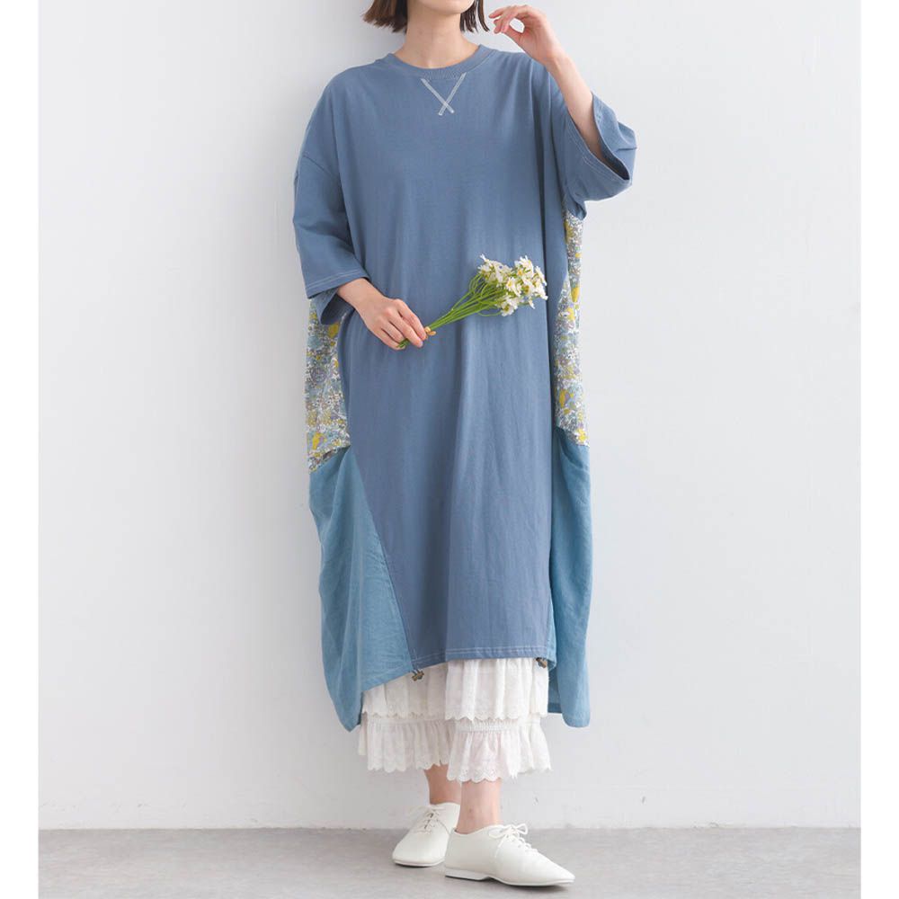 日本 Lupilien - 異素材花朵拼布清新五分袖洋裝-淺藍｜媽咪愛